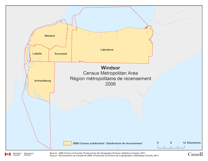Geographical map of 2006 Census Metropolitan Area of Windsor, Ontario